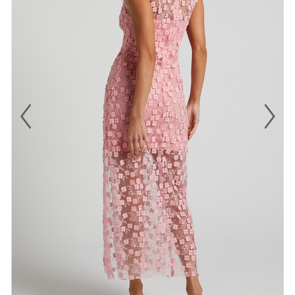 Light Pink, Mesh Floral Appliqu Overlay Midi Dress - Gem
